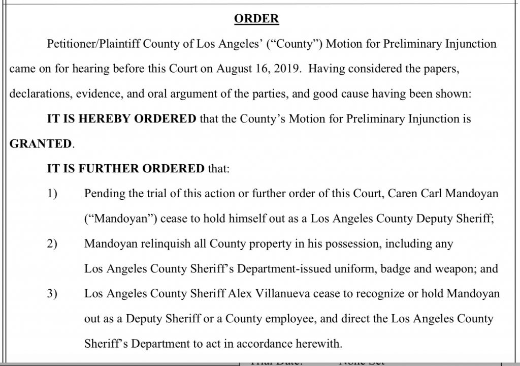 Judge Orders Sheriff to Make Rehired Deputy Mandoyan Turn in His Badge ...